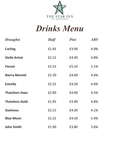 Menu - The Star Inn 1744