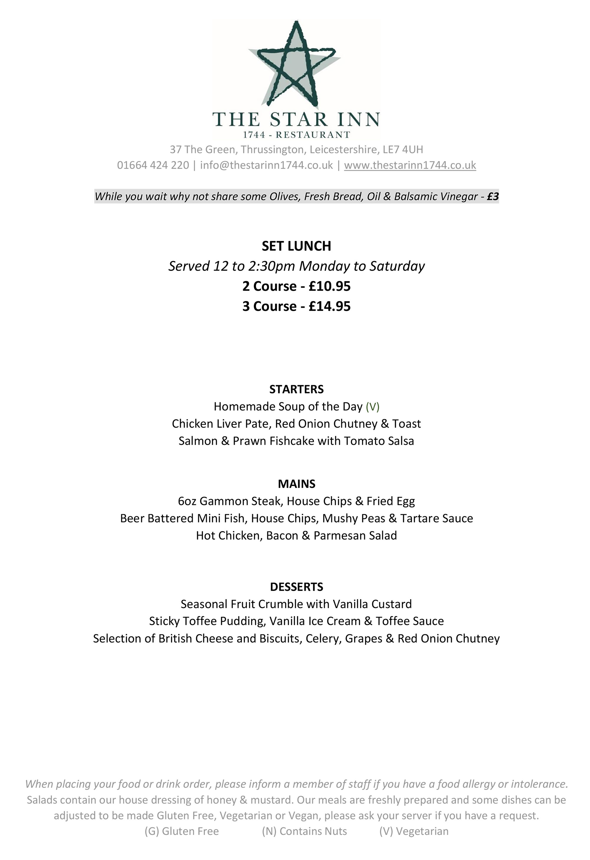 Menu - The Star Inn 1744
