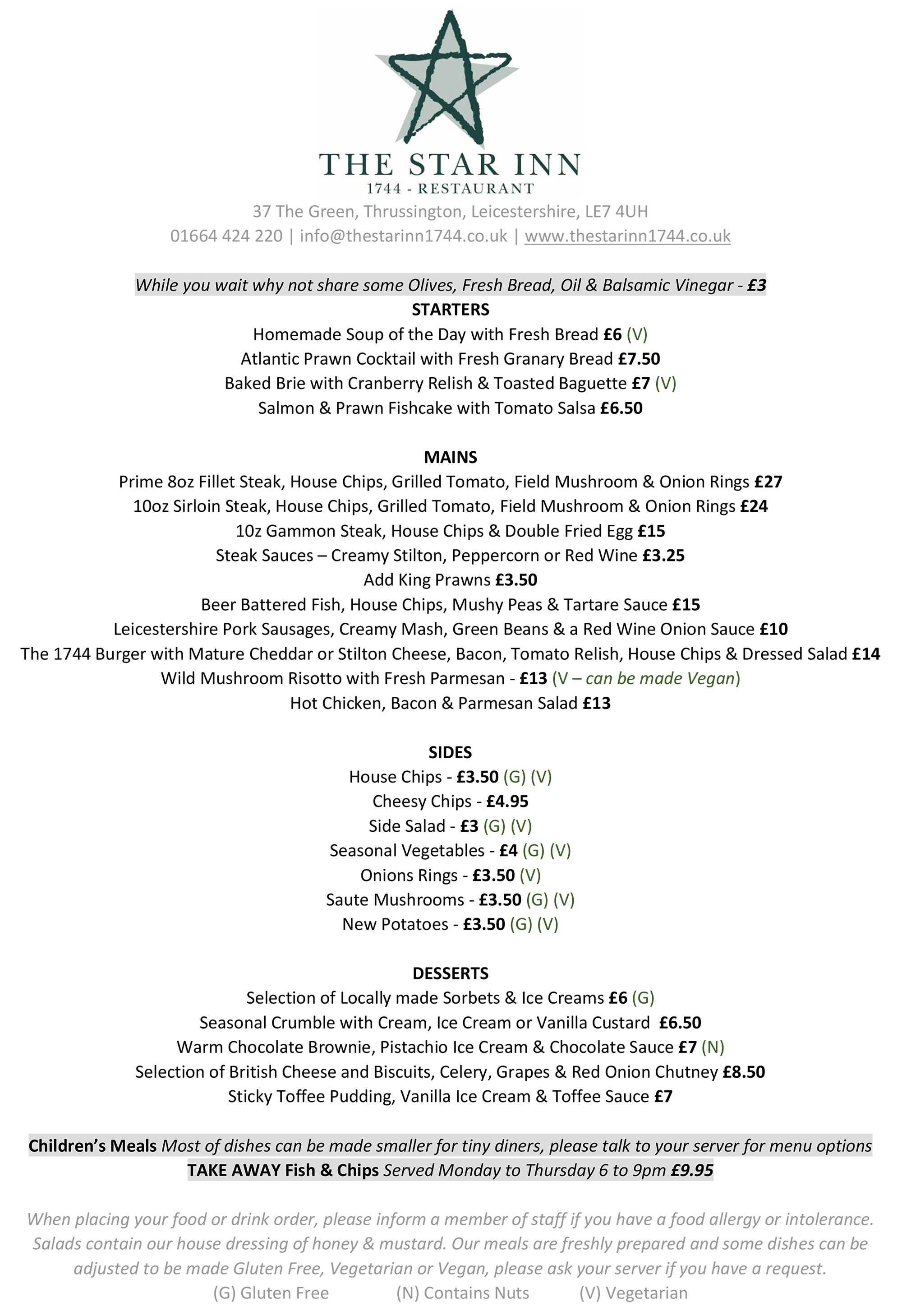 Menu - The Star Inn 1744