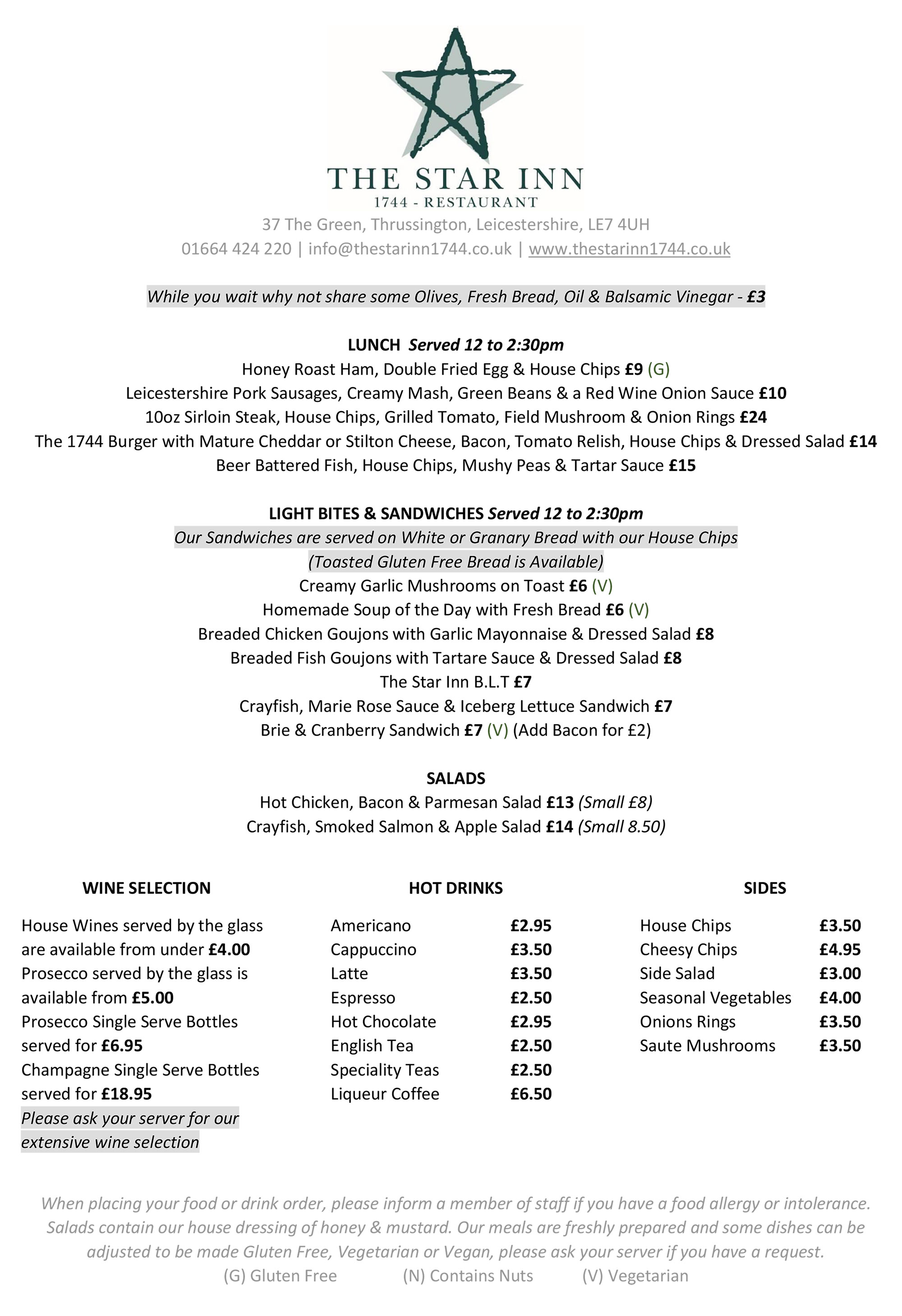 Menu - The Star Inn 1744