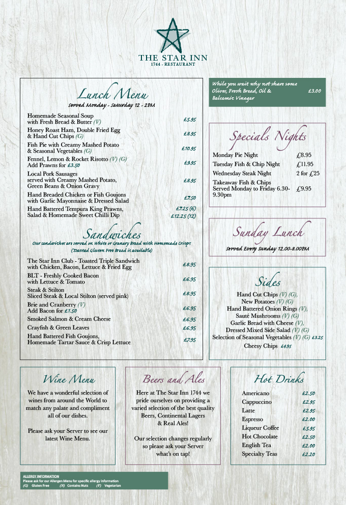 Menu - The Star Inn 1744