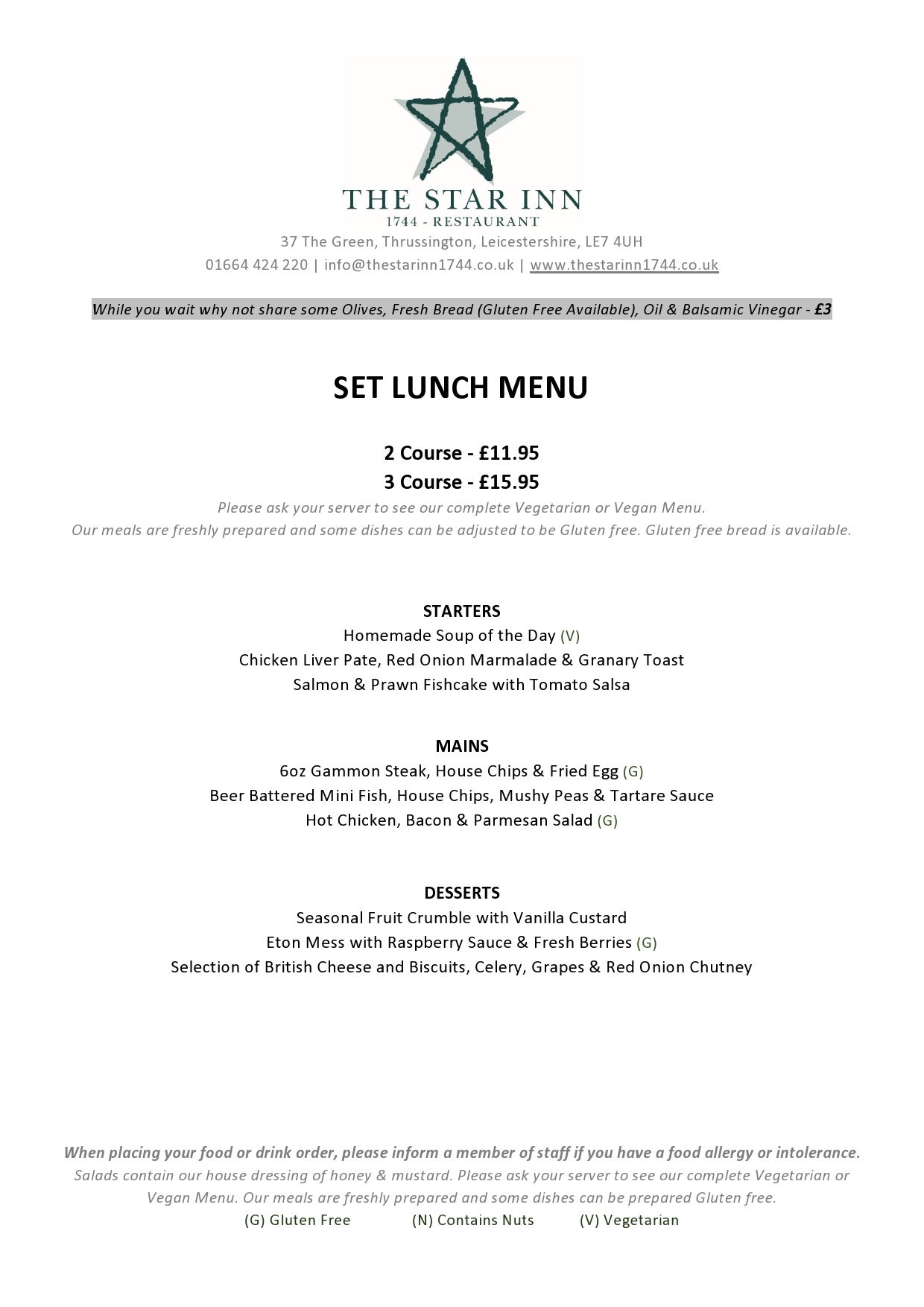 Our Menus - The Star Inn 1744