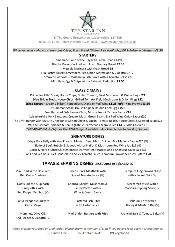 Our Menus - The Star Inn 1744