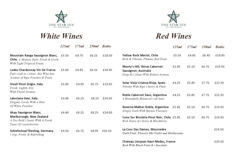 Our Menus - The Star Inn 1744
