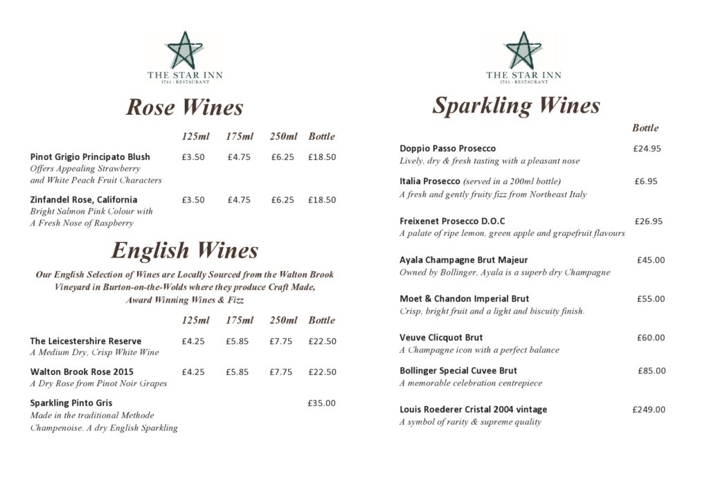 Our Menus - The Star Inn 1744