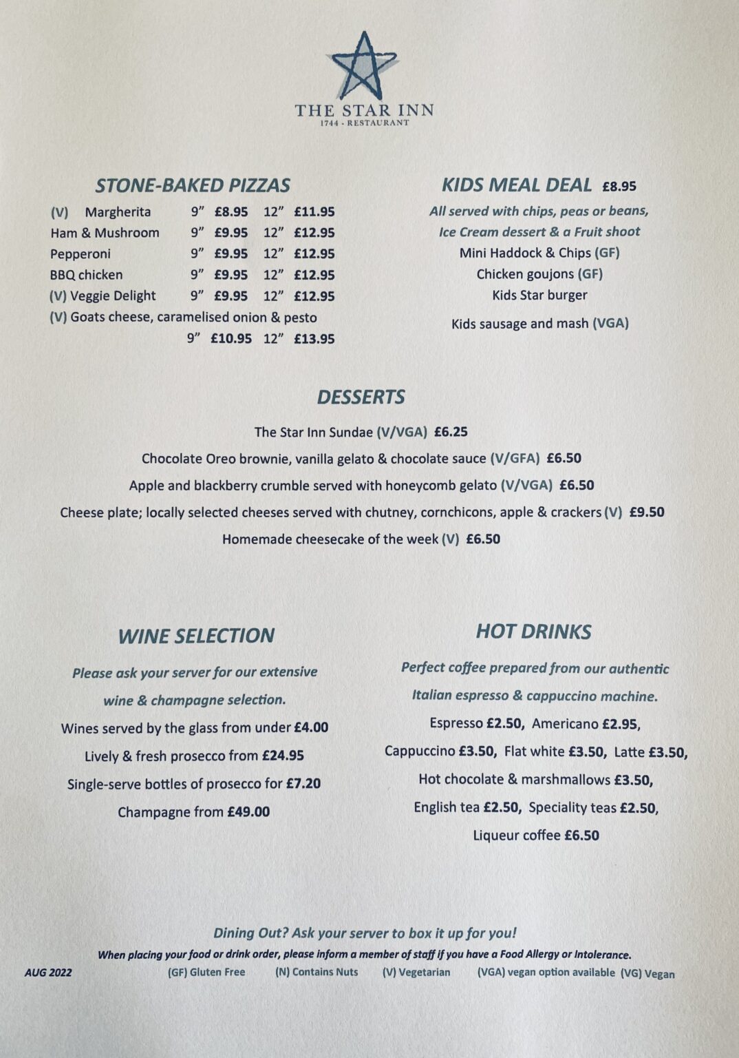Our Menus - The Star Inn 1744