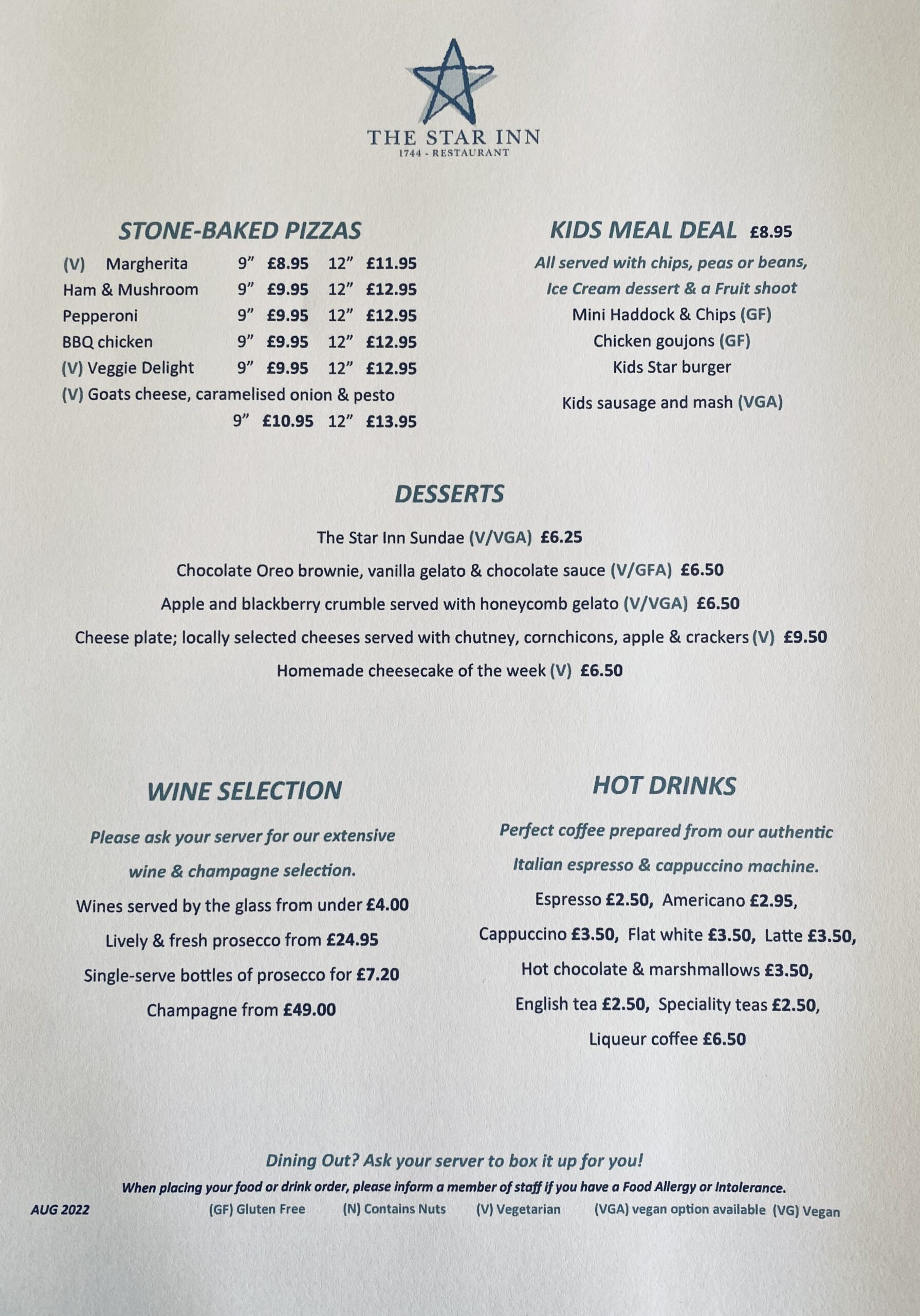 Our Menus - The Star Inn 1744