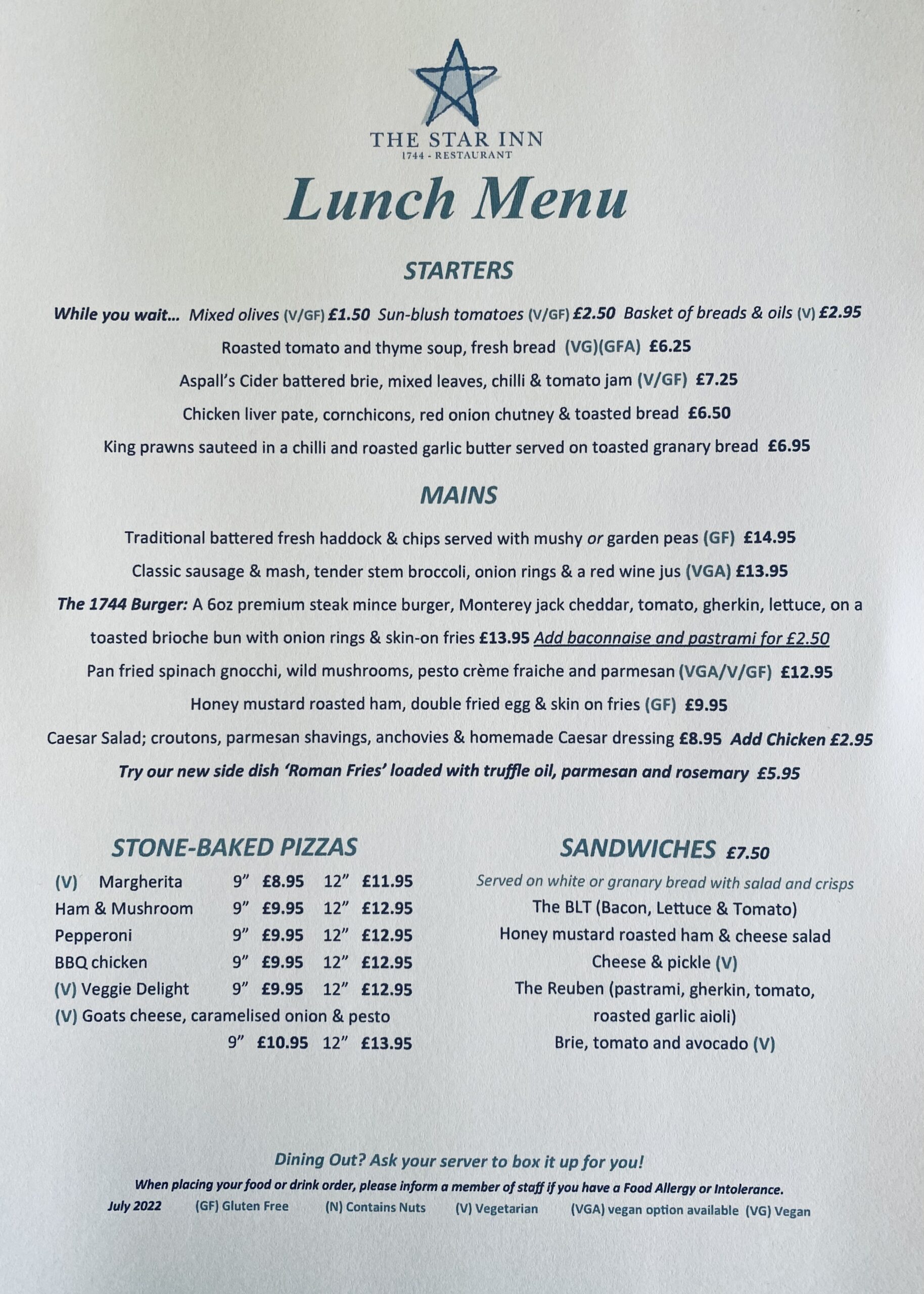 Our Menus - The Star Inn 1744