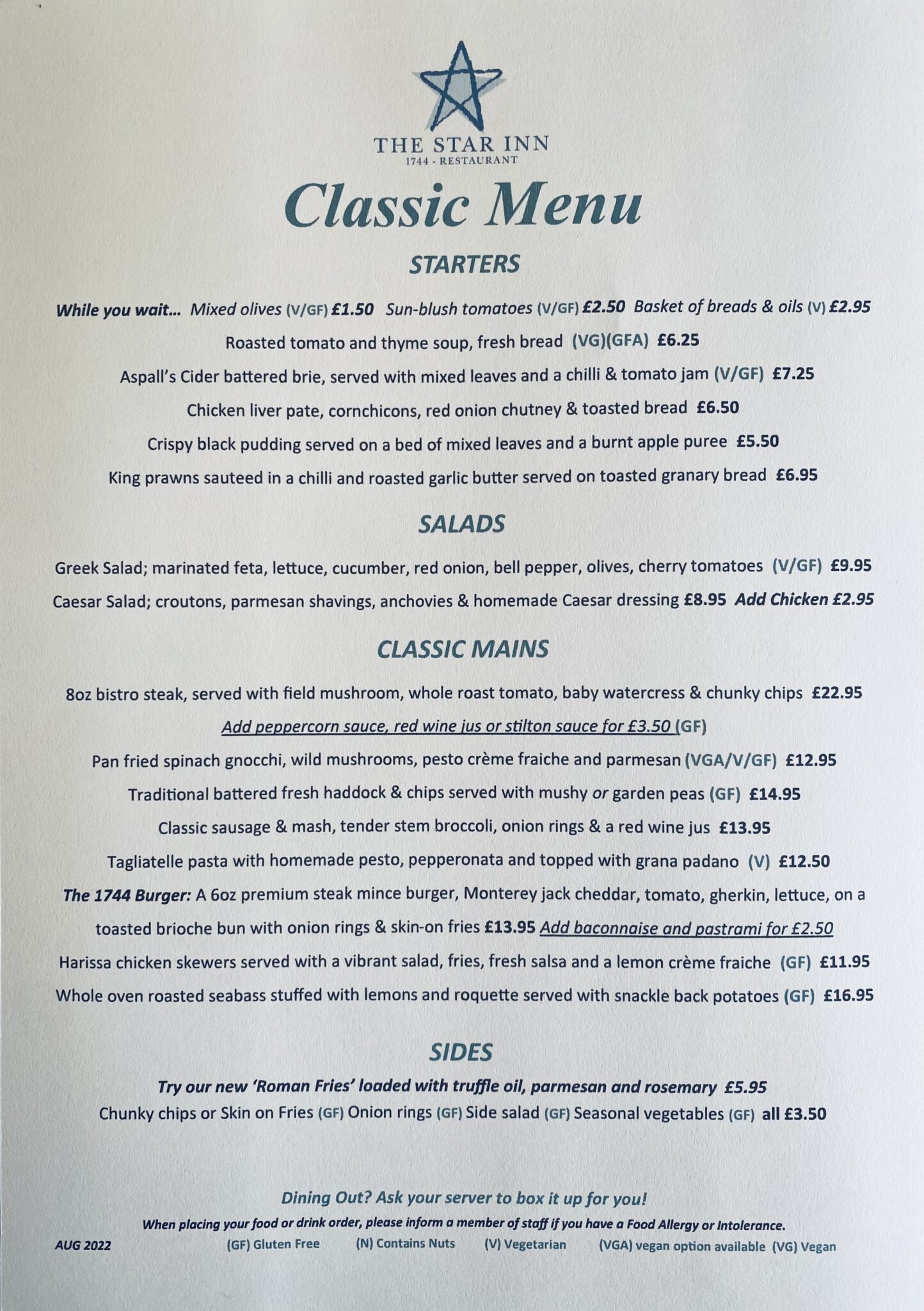 Our Menus - The Star Inn 1744
