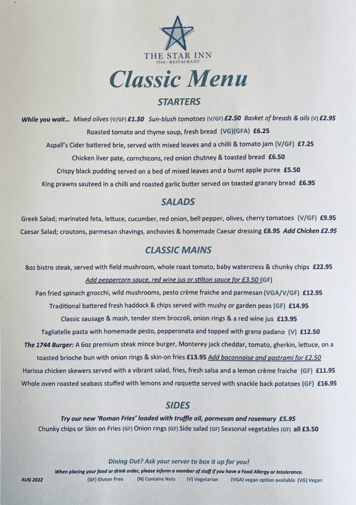 Our Menus - The Star Inn 1744