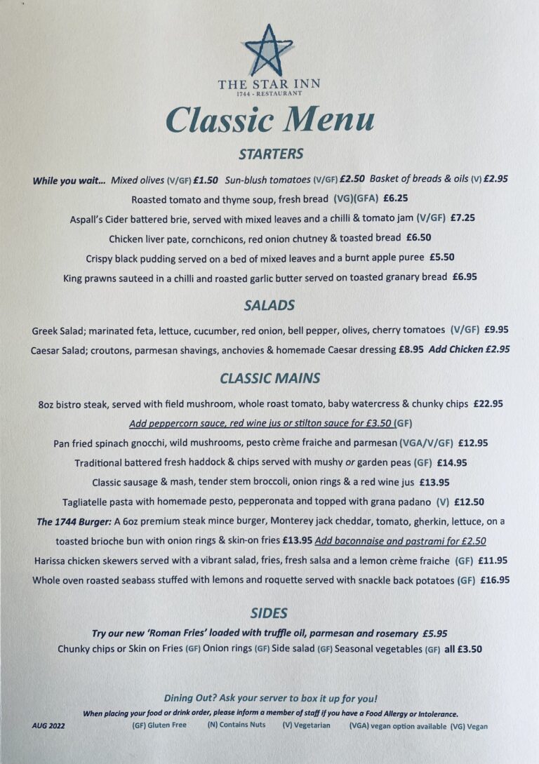 Our Menus - The Star Inn 1744