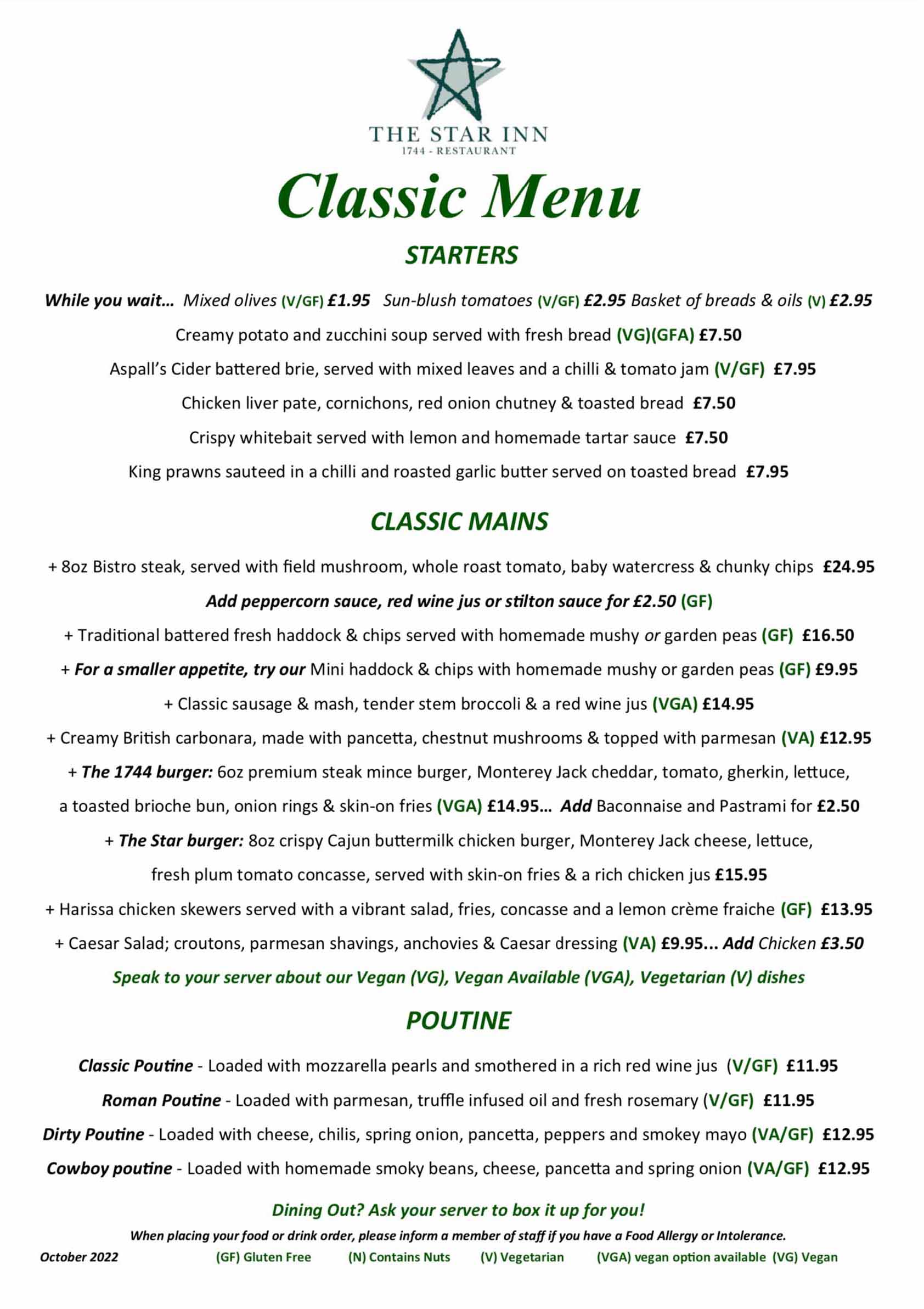 Our Menus - The Star Inn 1744