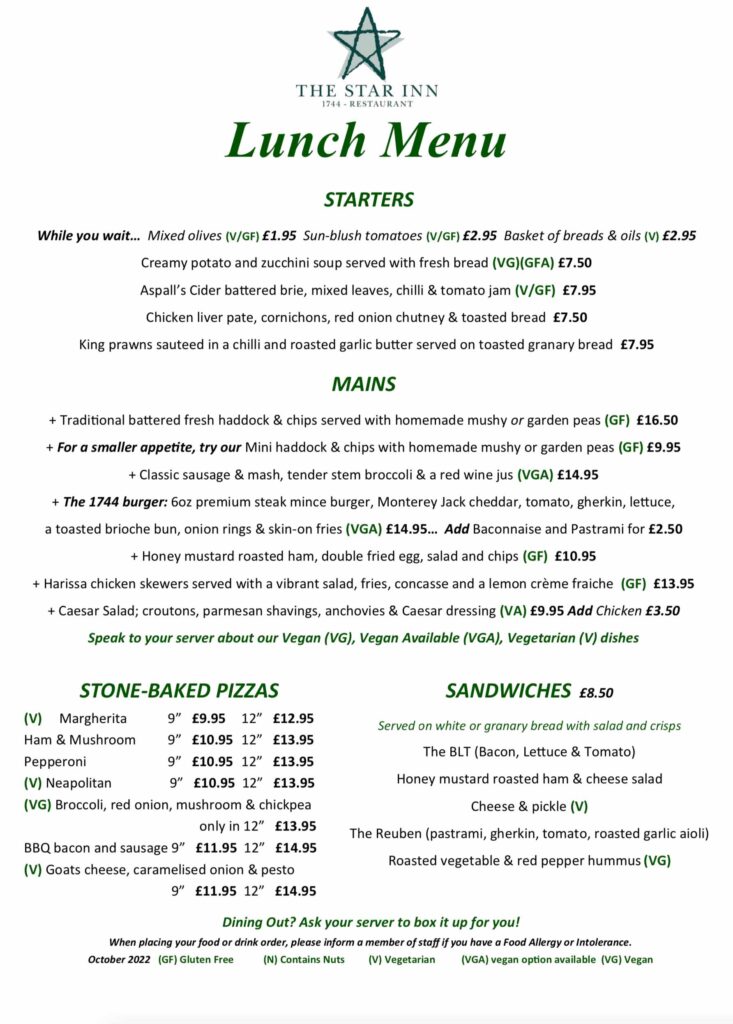 Our Menus - The Star Inn 1744
