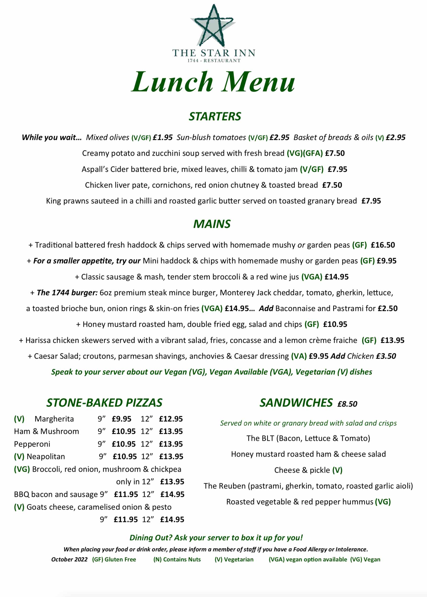 Our Menus - The Star Inn 1744