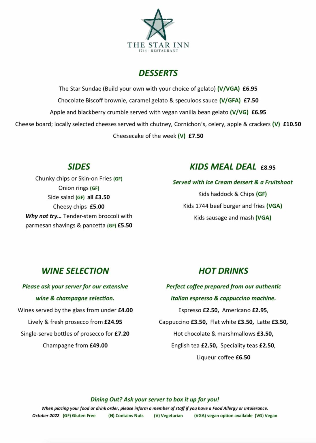 Our Menus - The Star Inn 1744