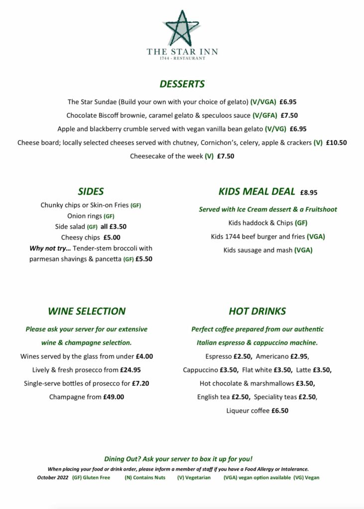 Our Menus - The Star Inn 1744