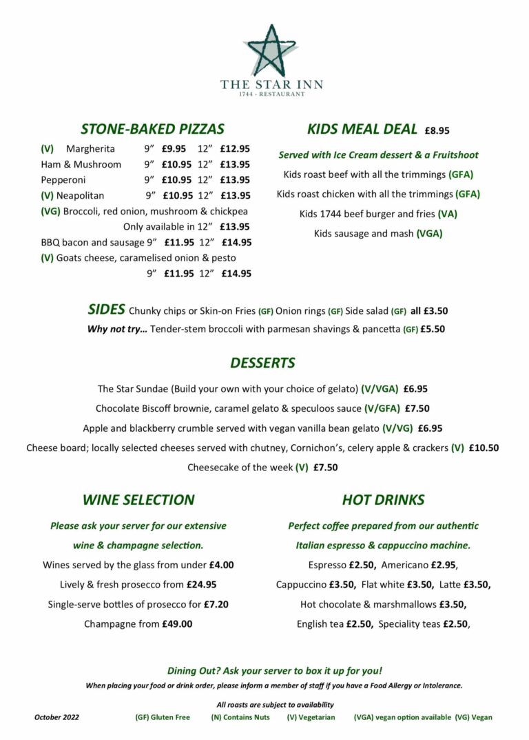 Our Menus - The Star Inn 1744