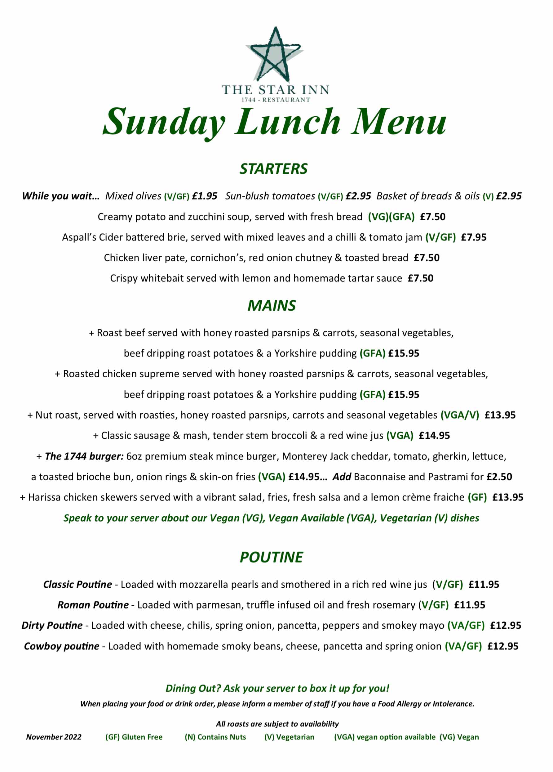 Our Menus - The Star Inn 1744