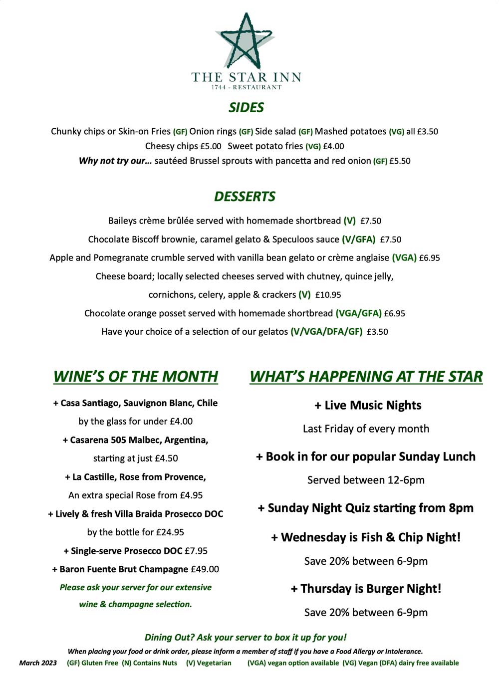 Our Menus - The Star Inn 1744