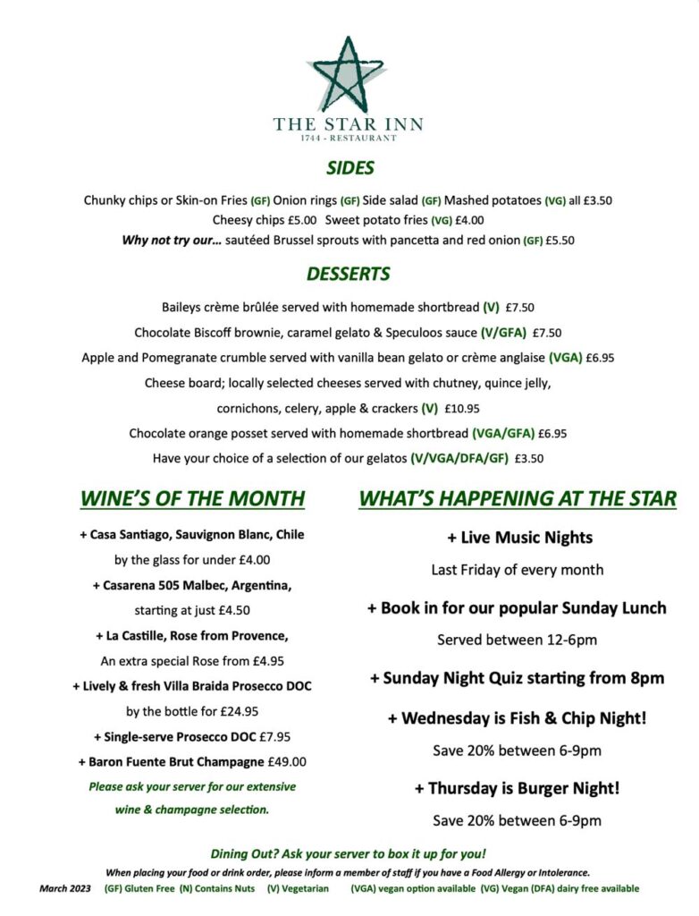 Our Menus - The Star Inn 1744