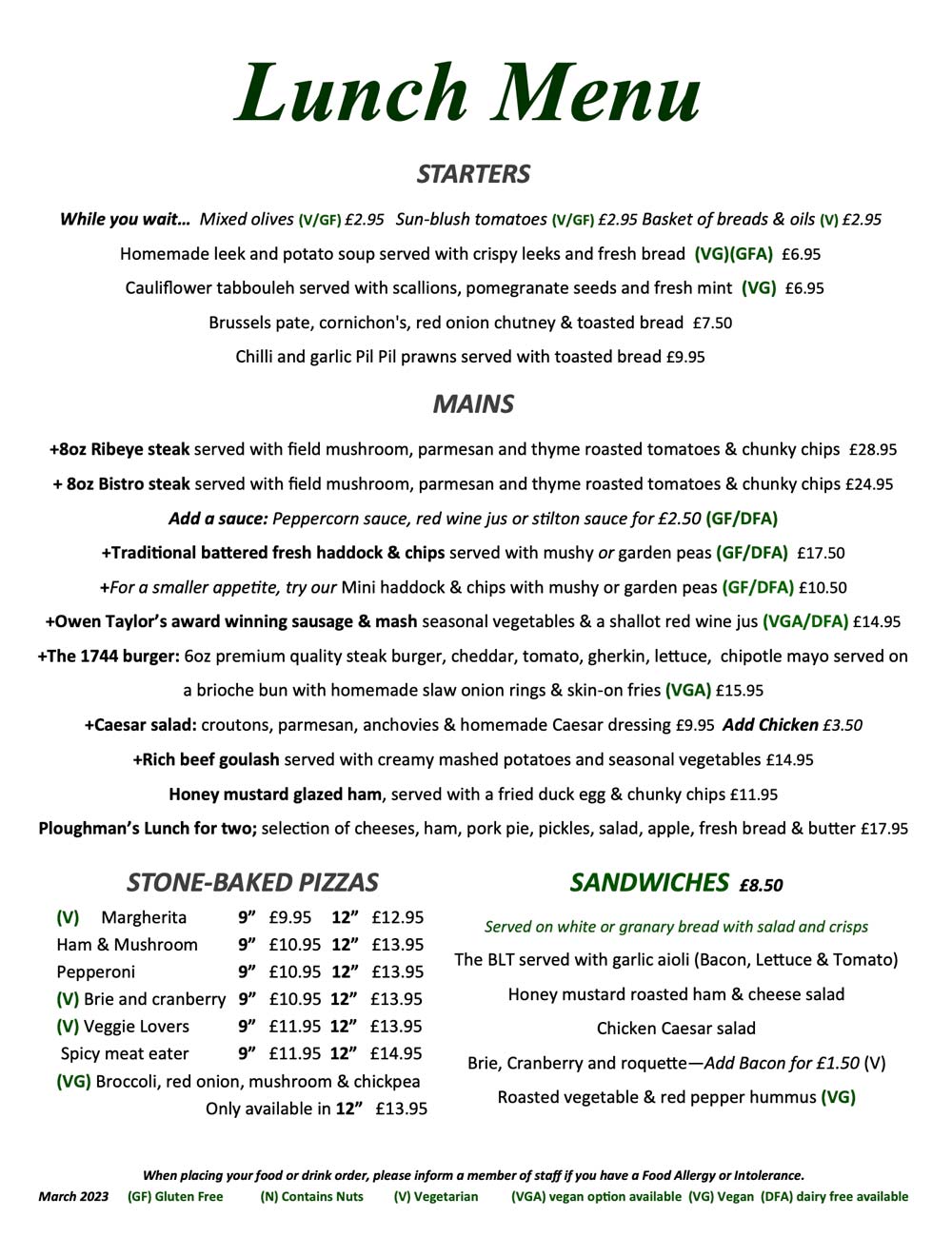 Our Menus - The Star Inn 1744