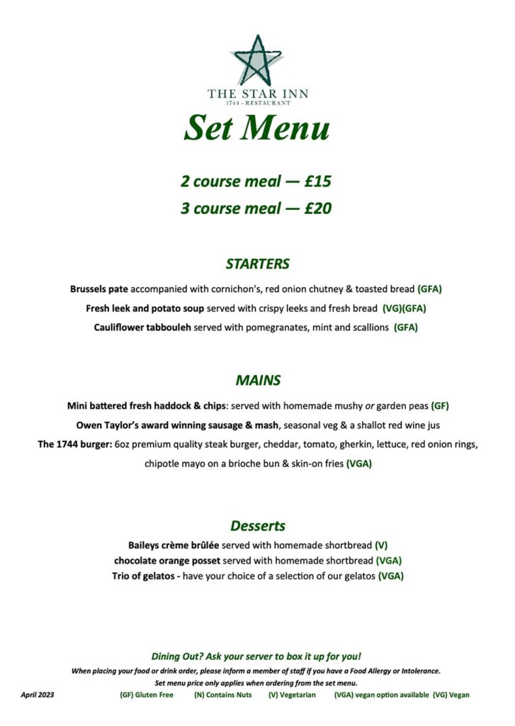 Our Menus - The Star Inn 1744