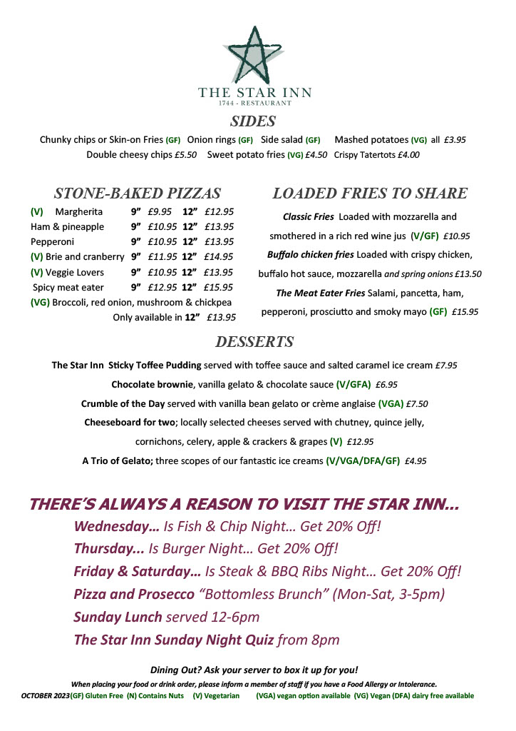 Our Menus - The Star Inn 1744