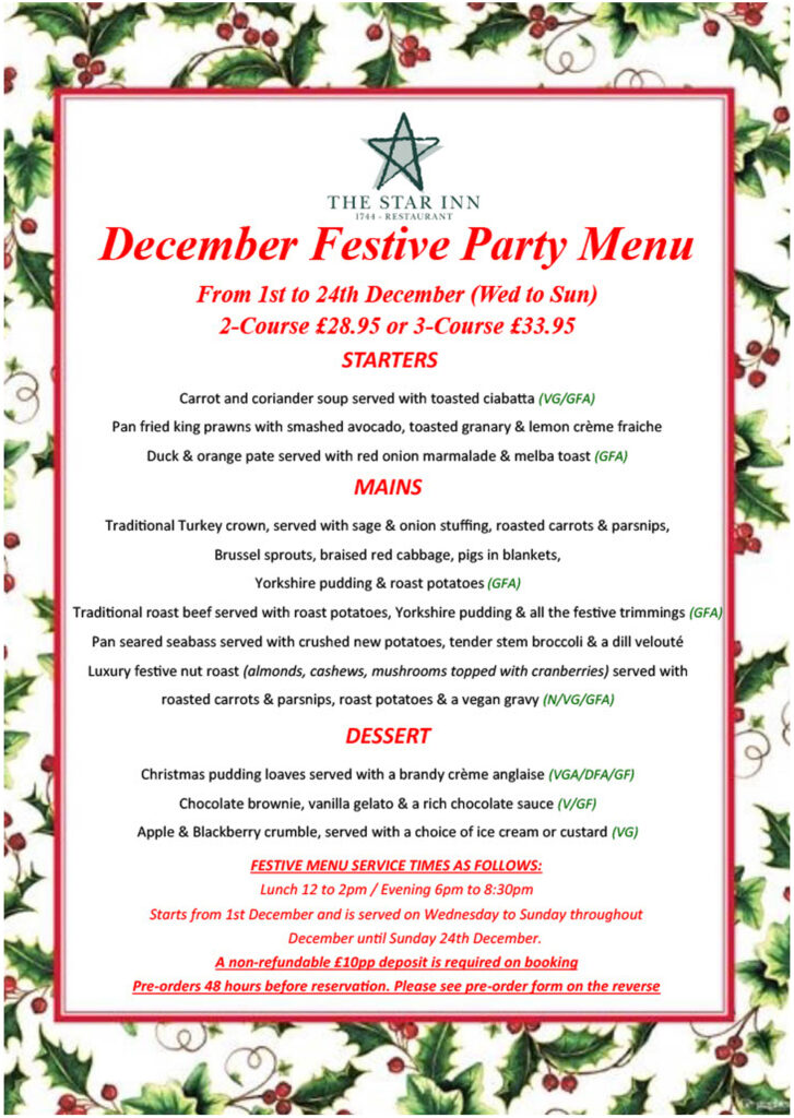 Our Menus - The Star Inn 1744