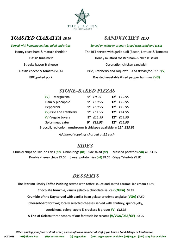 Our Menus - The Star Inn 1744