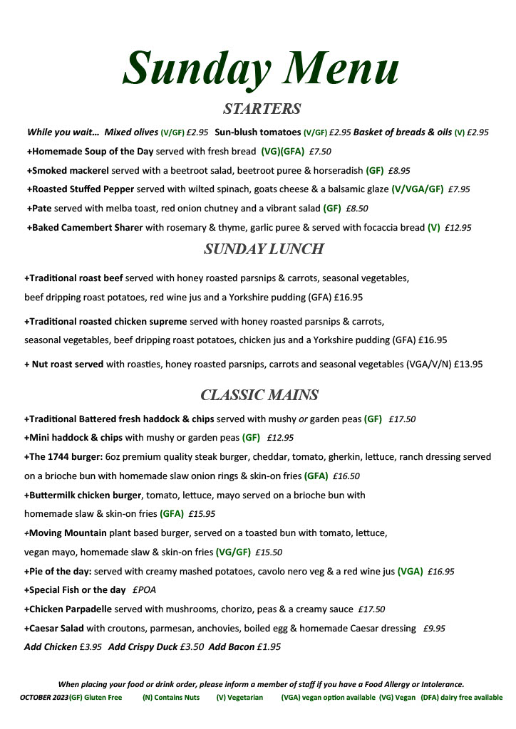 Our Menus - The Star Inn 1744