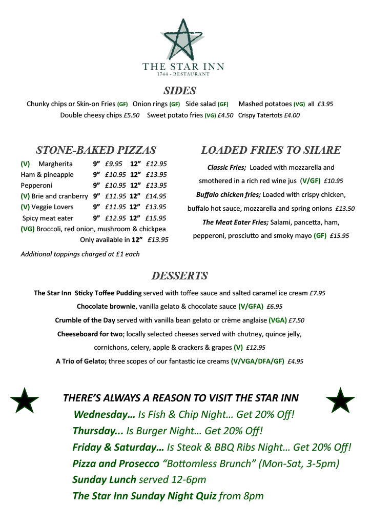 Our Menus - The Star Inn 1744