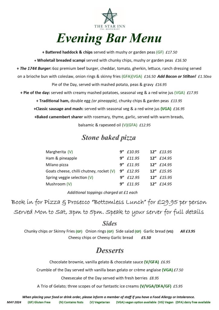 Our Menus - The Star Inn 1744