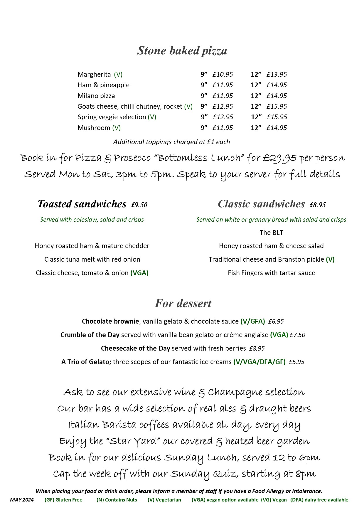 Our Menus - The Star Inn 1744