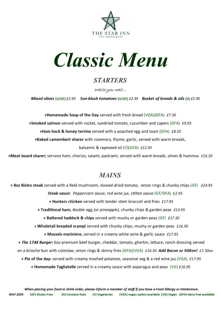 Our Menus - The Star Inn 1744