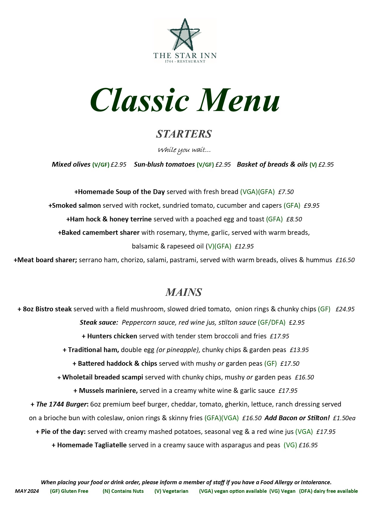 Our Menus - The Star Inn 1744