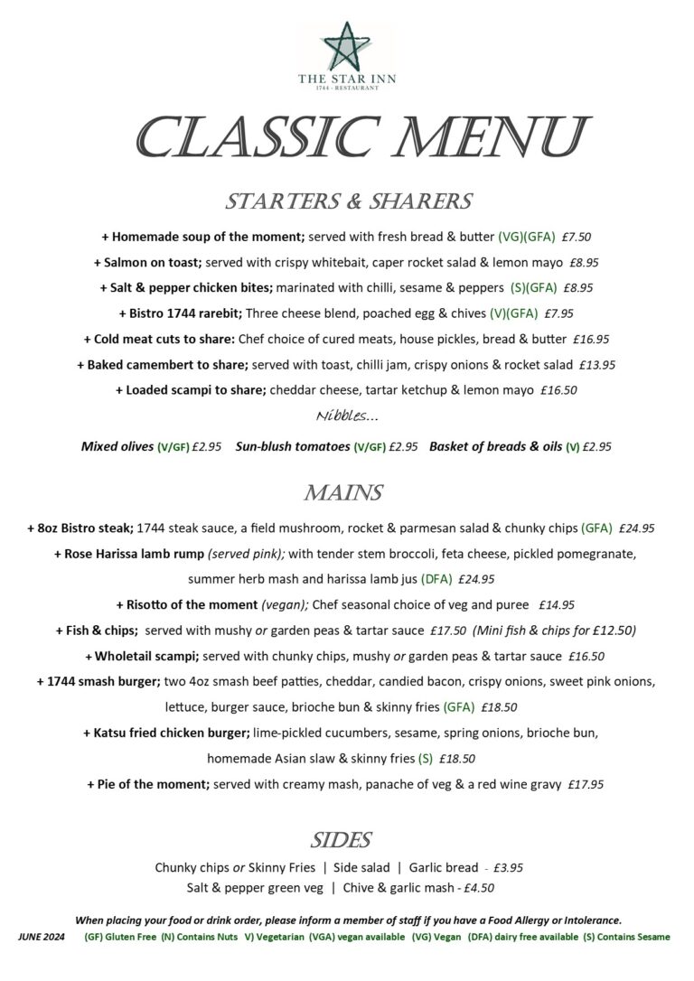 Our Menus - The Star Inn 1744