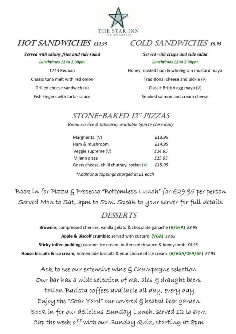 Our Menus - The Star Inn 1744